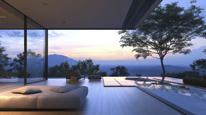 Modern Home with Infinity Pool and Panoramic Sunset View Stock ...