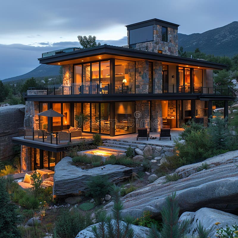 Modern Home Integrated into Rugged Mountain Landscape Stock Photo ...
