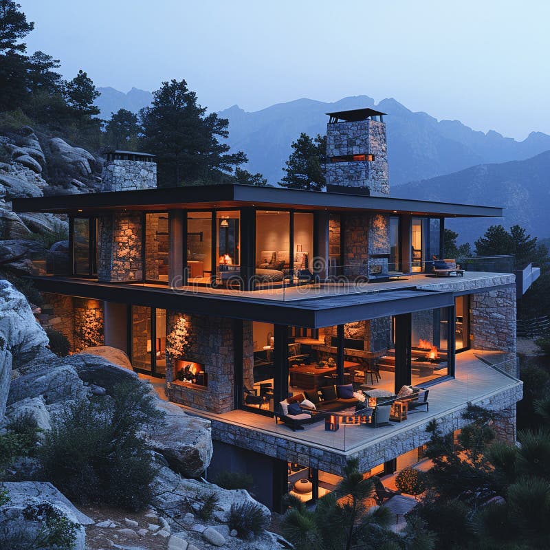 Modern Home Integrated into Rugged Mountain Landscape Stock Photo ...