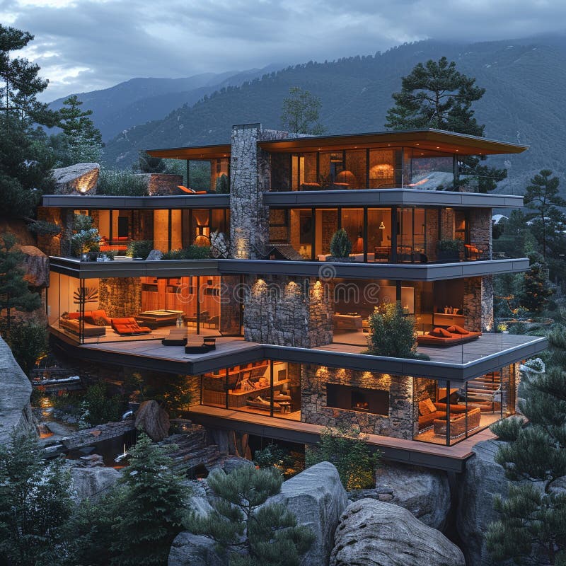 Modern Home Integrated into Rugged Mountain Landscape Stock Photo ...