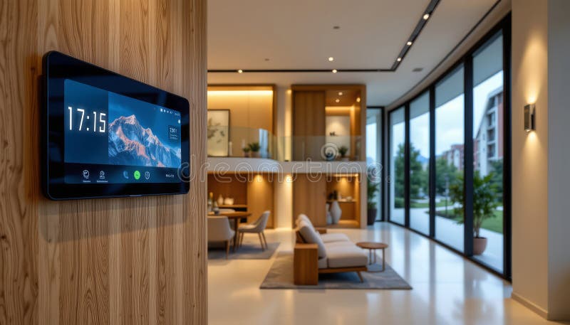Modern Home Interior Featuring Smart Display on Wall, Showcasing Time ...