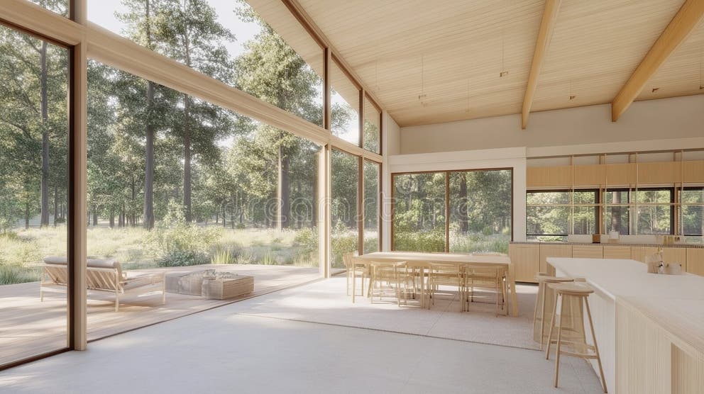 Modern Home Interior, Forest View, Open Plan, Sunlight Stock Image ...