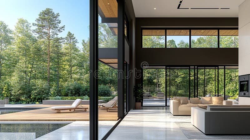 Modern Home Interior, Forest View, Poolside Lounge, Sunlit Stock ...