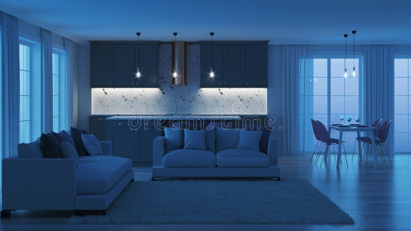 Modern Home Interior with Gray Kitchen. Night. Evening Lighting. Stock ...