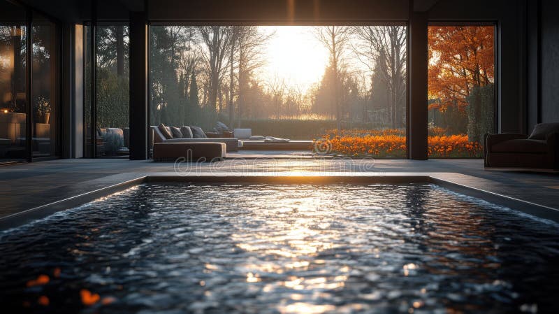 Modern Home Interior with Indoor Pool and Sunset View Stock Photo ...