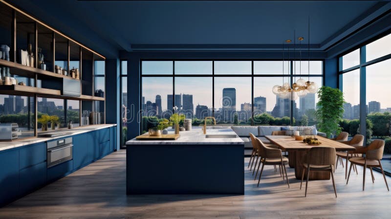 Modern Home Interior. Modern Kitchen Design in a Blue Light Interior ...