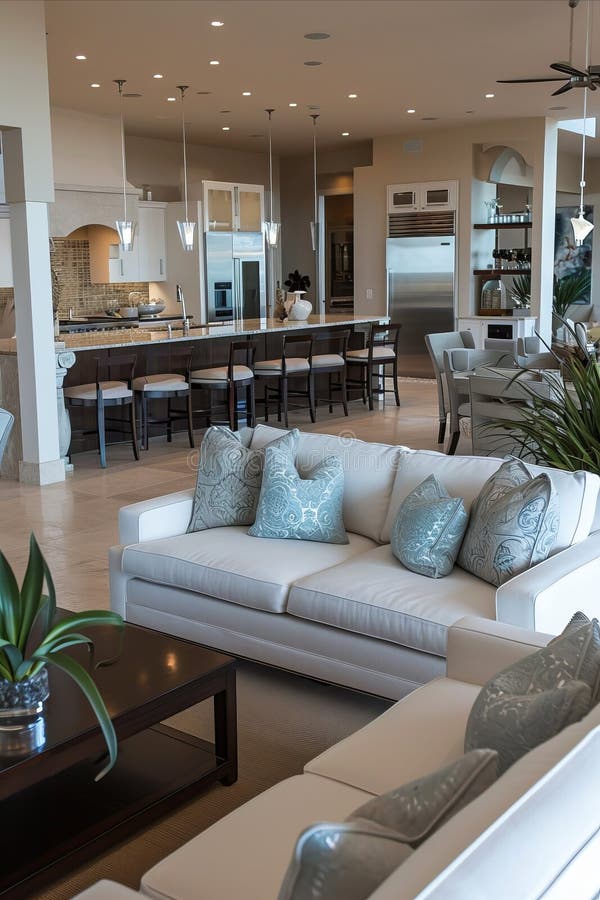 Modern Home Interior with Large Living Space, Plush Sofa, and a Kitchen ...