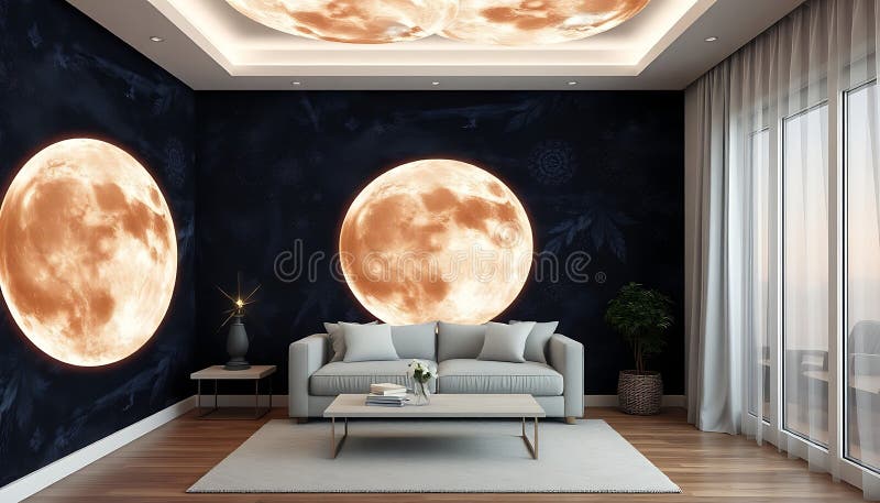 Modern Home Interior with Moon Art, Contemporary Design and Celestial ...