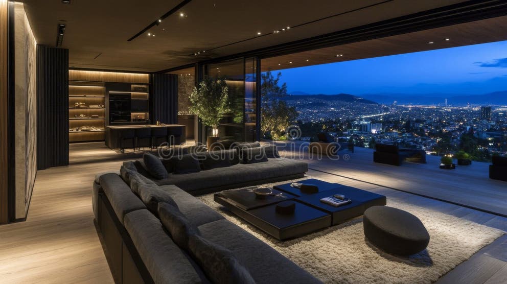 Modern Home Interior Night View Cityscape Stock Illustration ...