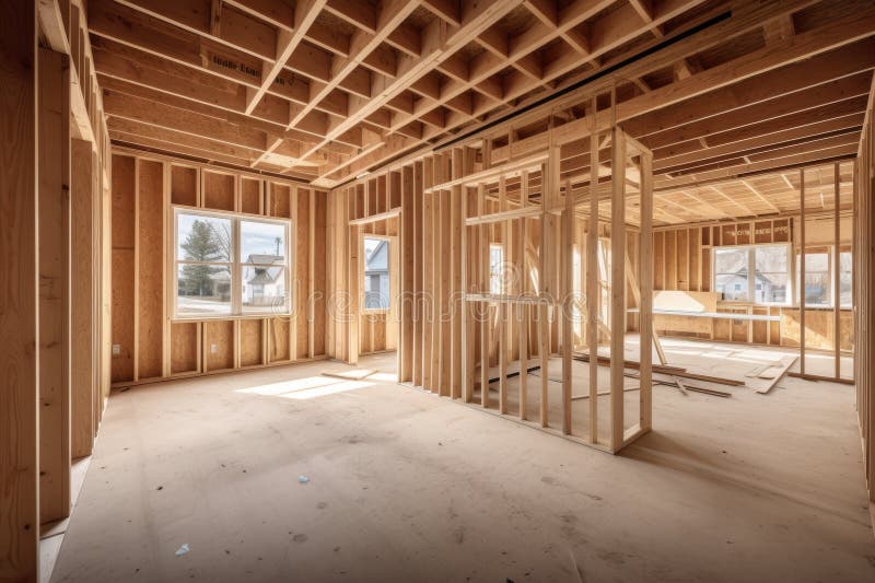 Modern Home Interior Under Construction with Wooden Framework and ...