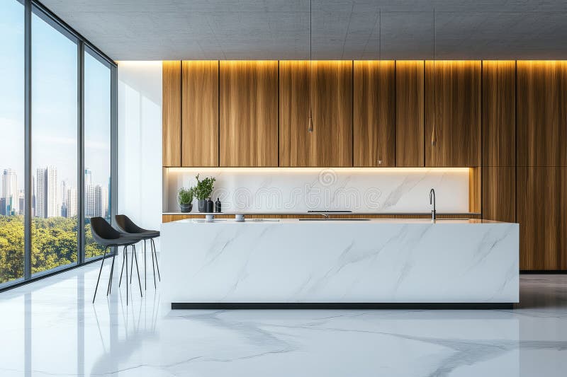 A Modern Home Kitchen Interior with a Bar Counter and Fridge Resting ...