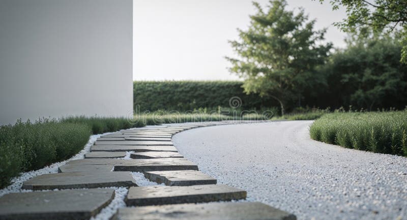 Modern Home Landscape Design with Stone Path and White Gravel Stock ...