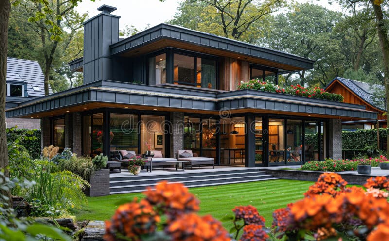 Modern Home with Large Deck and Beautiful Yard. Stock Image - Image of ...