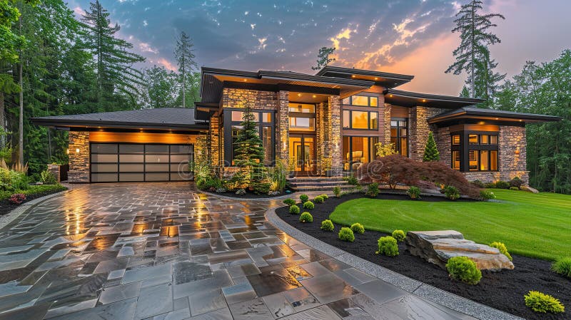 A Modern Home with a Large Driveway, a Lush Lawn, and a Beautiful ...