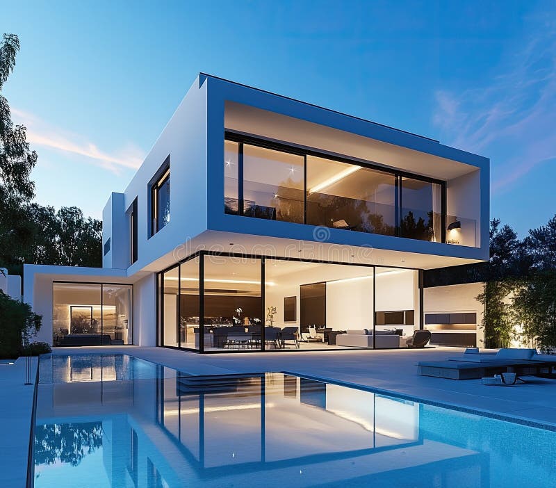 A Modern Home with a Large Swimming Pool Directly in Front Stock Photo ...