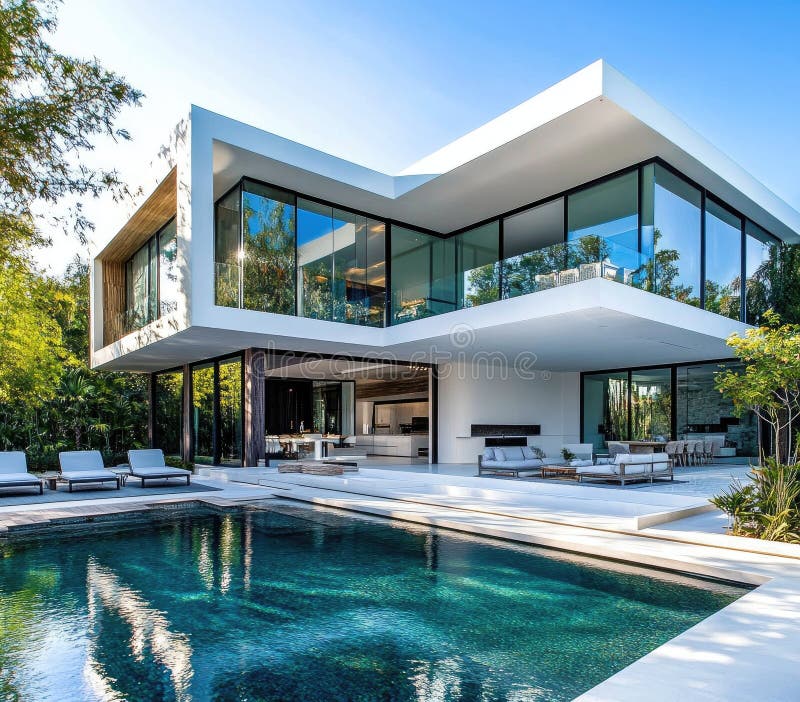 A Modern Home with a Large Swimming Pool Directly in Front Stock Image ...