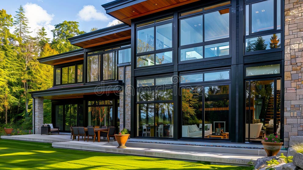 A Modern Home with Large Windows and a Large Deck Stock Photo - Image ...