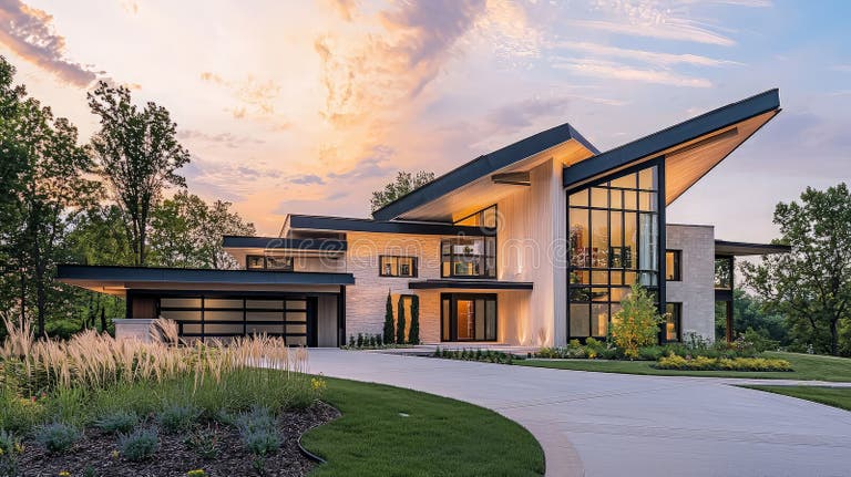 Modern Home with Large Windows and a Dramatic Roofline Stock Photo ...