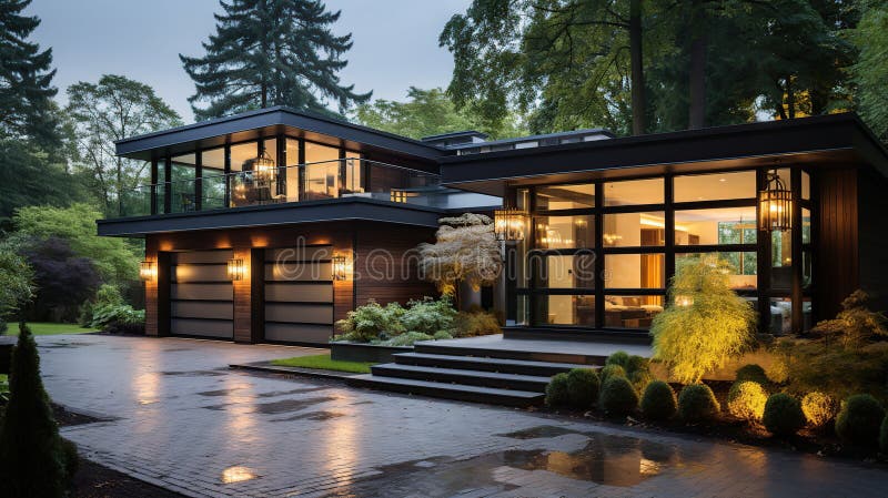 Modern Home with Large Windows, Garage, and a Paved Driveway Stock ...