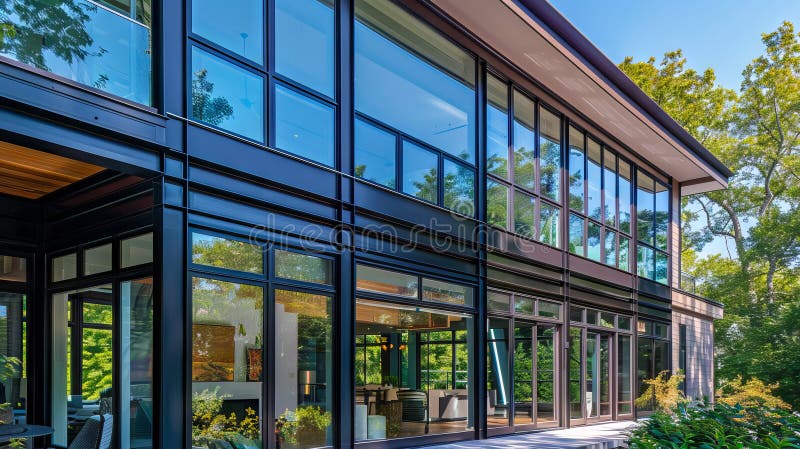 A Modern Home with Large Windows and Glass Doors Stock Image - Image of ...