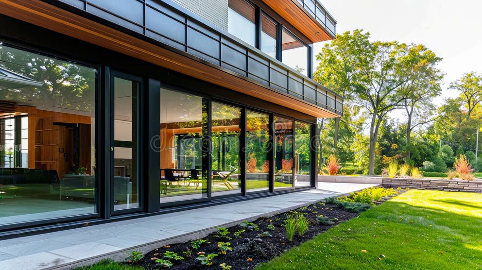 A Modern Home with Large Windows and Glass Doors Stock Photo - Image of ...