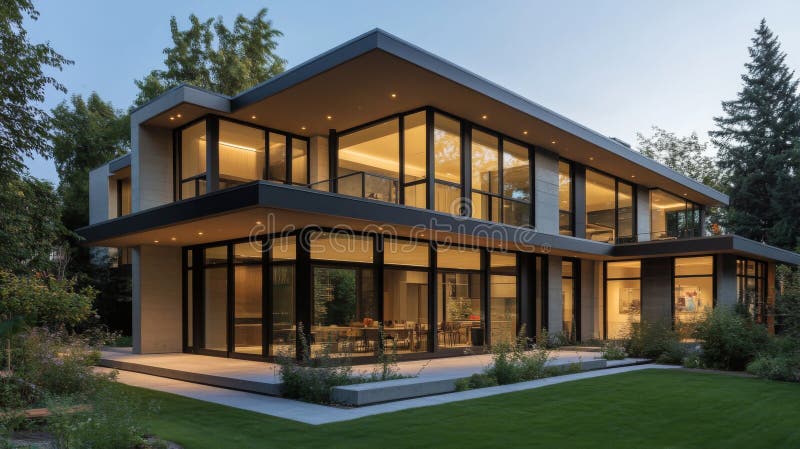 Modern Home with Large Windows and a Patio Surrounded by Lush Greenery ...