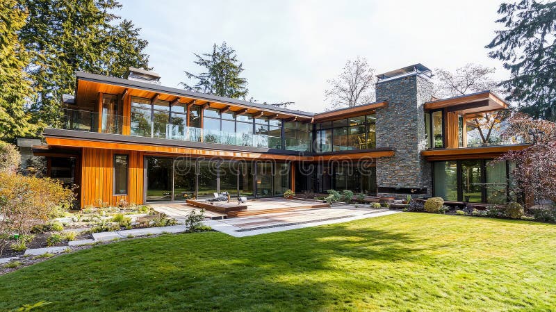 Modern Home with Large Windows, Wooden Siding and Stone Accents Stock ...