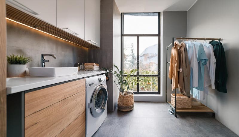 Modern Home Laundry Interior with Washing Machines and Sink, Clothes on ...