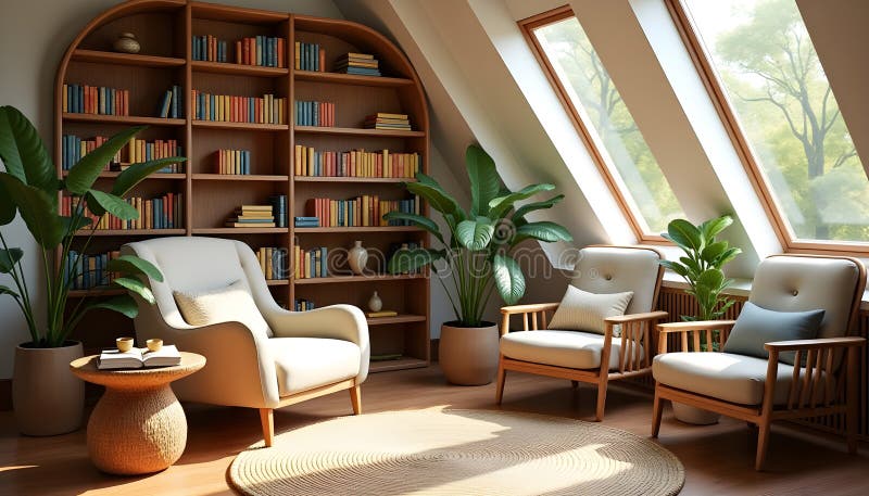 Modern Home Library with Large Windows and Natural Light Stock Image ...