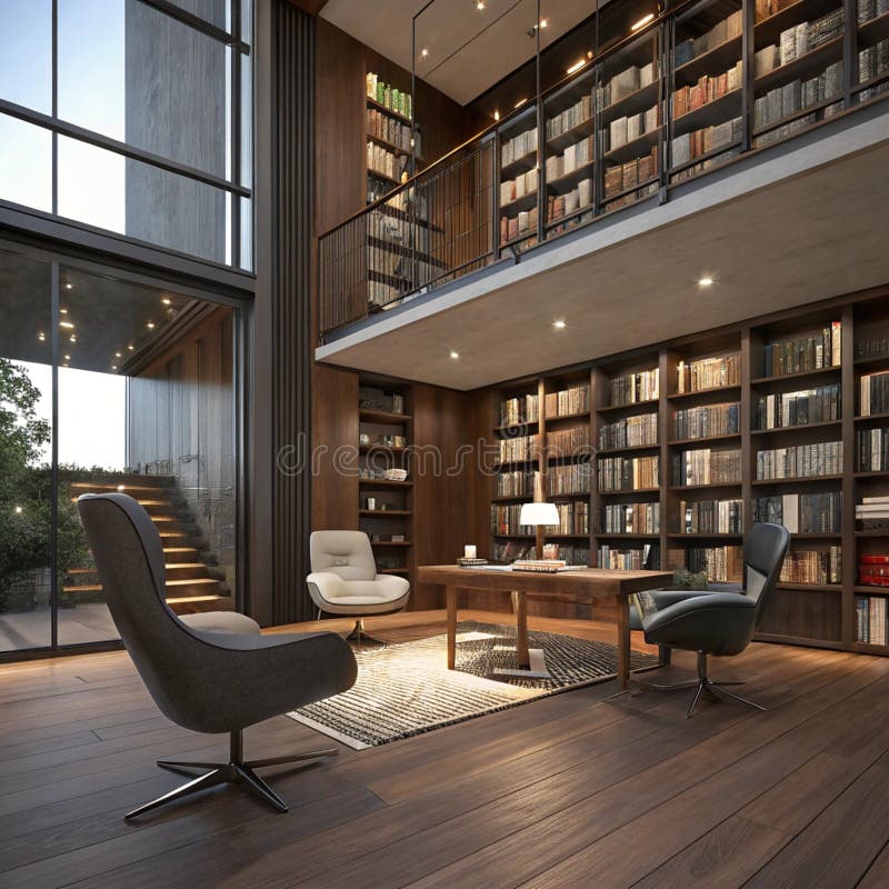 Modern Home Library with Designer Chairs 3D Render Stock Illustration ...