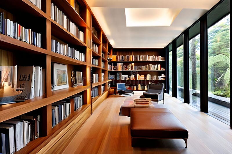 Modern Home Library Focus on Shelving Lighting and Comfort Stock ...