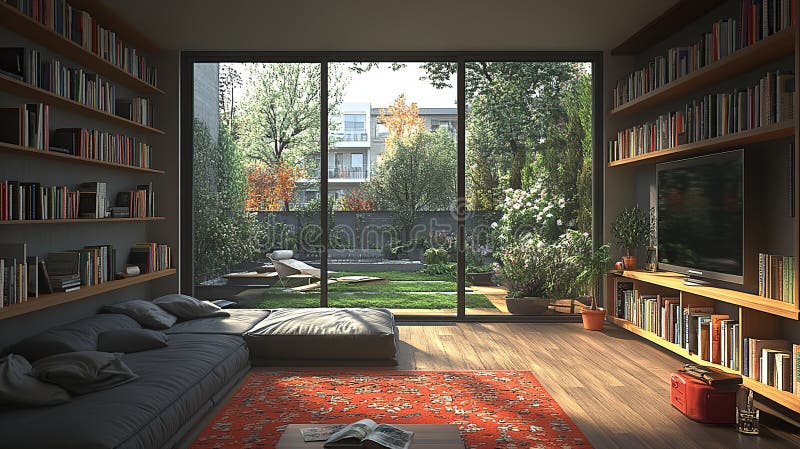 Modern Home Library with Garden View, Comfortable Seating Area, and ...