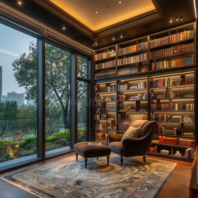 Modern Home Library with Large Window and Bookshelf - Interior Design ...