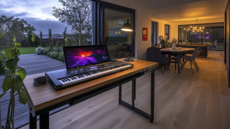 Modern Home Music Studio with Keyboard and Nebula Laptop Display Stock ...