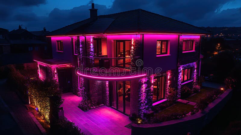 Modern Home at Night, Illuminated with Vibrant Pink LED Lights Stock ...