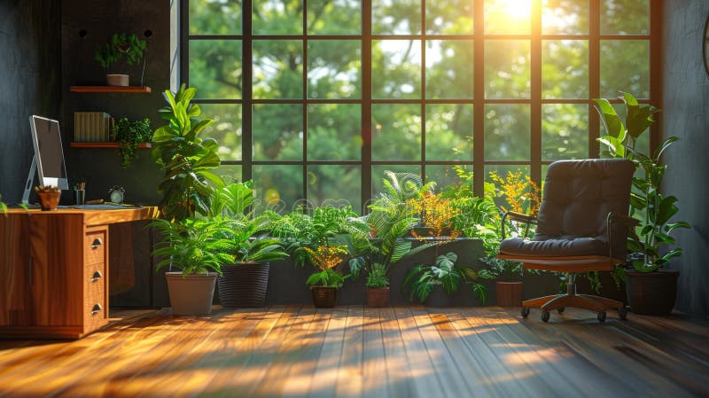 Modern Home Office with Abundant Green Plants - Generative Ai Stock ...