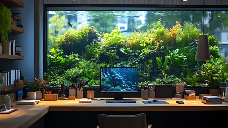 Modern Home Office with Aquarium Wall, Desk, Computer Stock ...