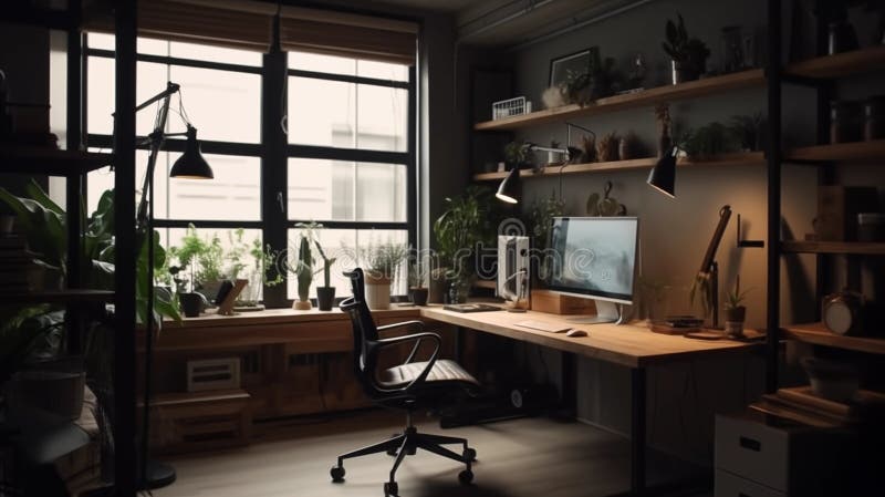 Modern Home Office with a Big Window, Remote Work Stock Photo - Image ...