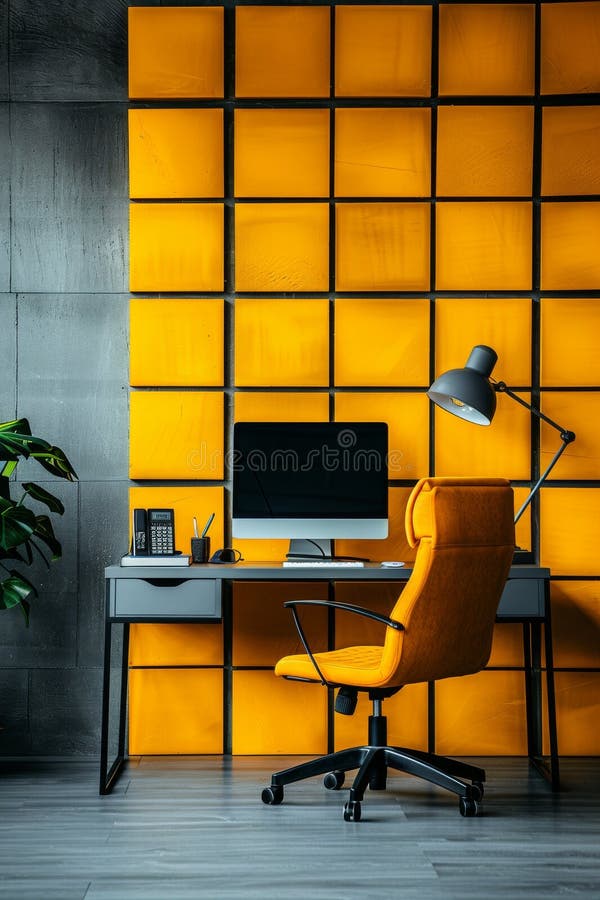 A Modern Home Office with a Bold Yellow Accent Wall, a Black Desk, and ...