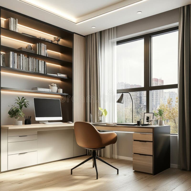Modern Home Office with Built-in Bookshelves and Desk Stock ...