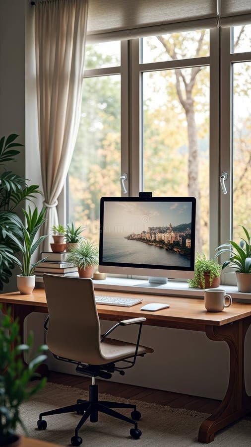 Modern Home Office with Computer by Bright Window on a Calm Autumn Day ...