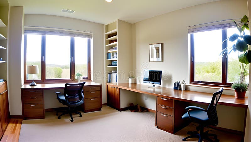 Modern Home Office with Computer Desk, Ergonomic Chairs, and Bookshelf ...