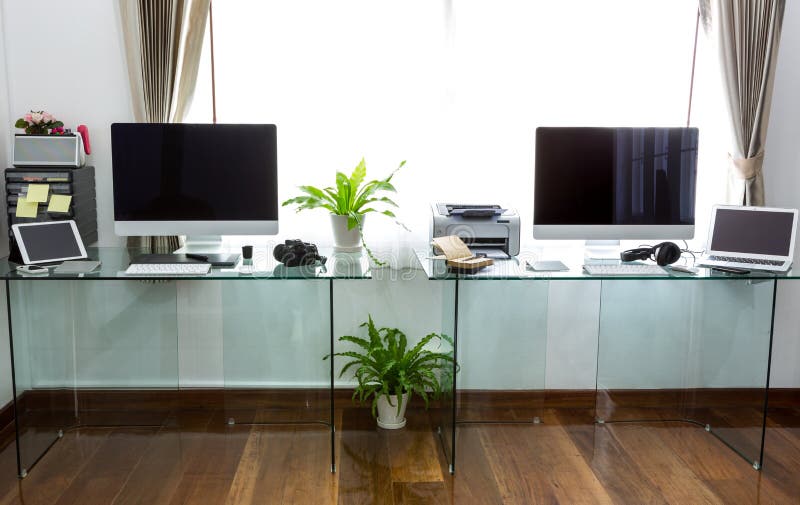 Modern Home Office with Computer Stock Image - Image of file, house ...