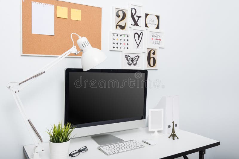 Modern Home Office Computer Monitor Stock Image - Image of wall ...