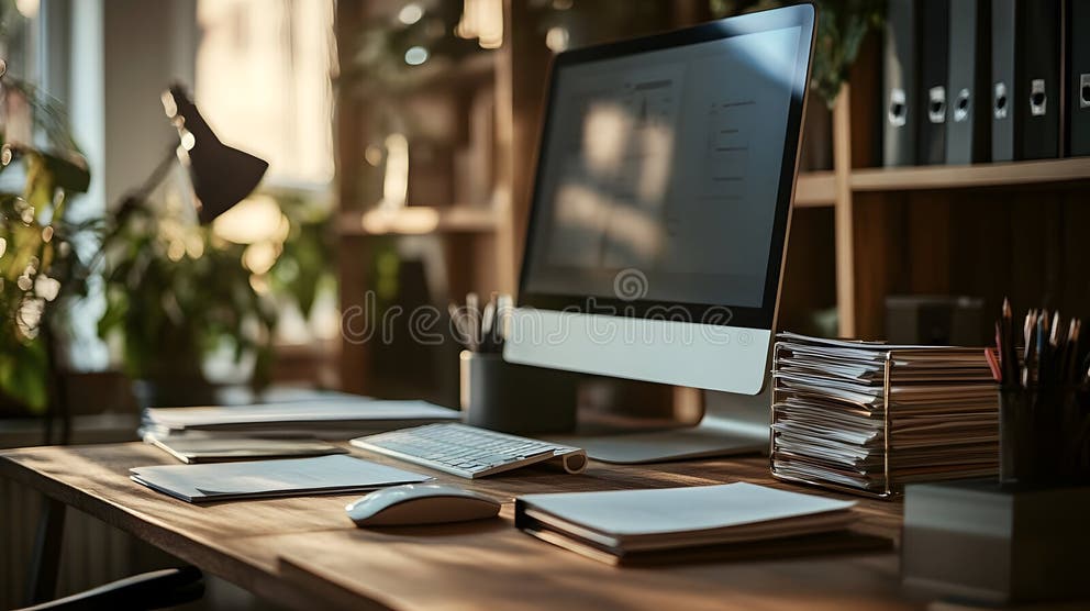 Modern Home Office with Computer and Organized Workspace in Warm ...