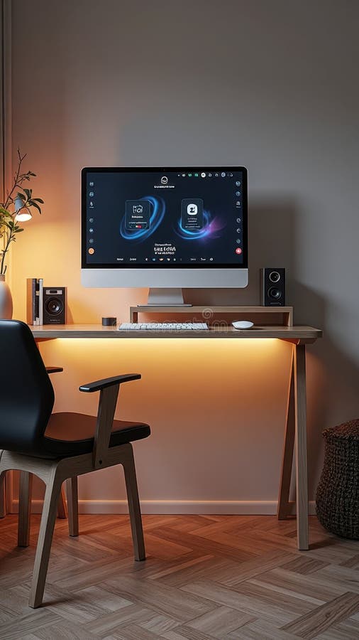 Modern Home Office with Computer Setup and Ambient Lighting Stock Photo ...