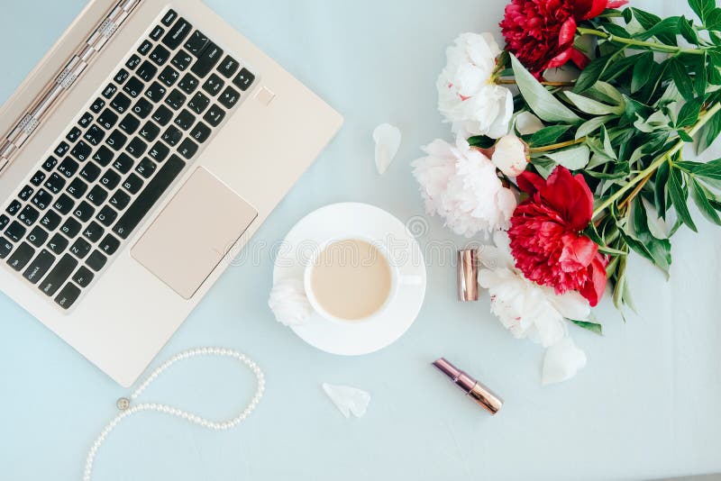 Modern Home Office Concept. Computer, Coffee and Flowers. Stock Photo ...