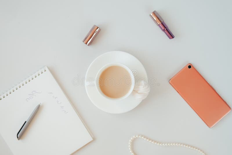 Modern Home Office Concept. Computer, Coffee and Flowers. Stock Image ...
