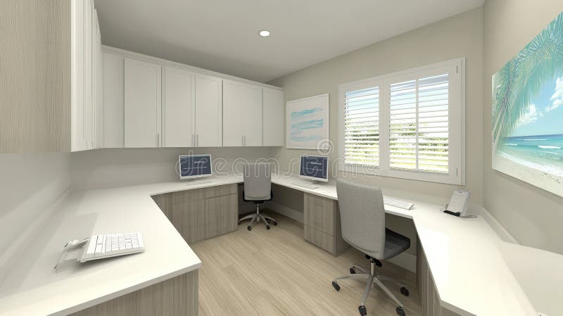 Modern Home Office Design, Dual Workstations, Beach View, Planning ...