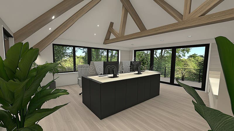 Modern Home Office Design, Wood Beams, Forest View, Workspace Stock ...